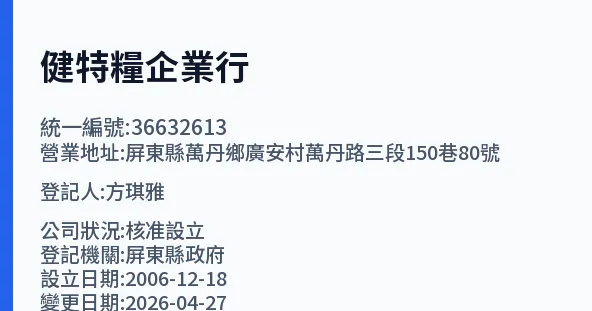 健特糧企業行的照片-統編 36632613(屏東縣) 公司登記資料與營業項目詳細圖表