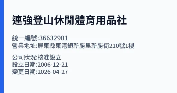 連強登山休閒體育用品社的照片-統編 36632901(屏東縣) 公司登記資料與營業項目詳細圖表