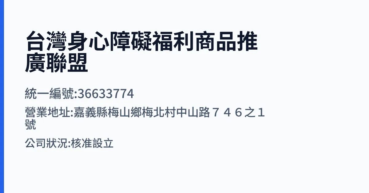 台灣身心障礙福利商品推廣聯盟 - 統編 36633774（嘉義縣） 公司登記資料與營業項目詳細圖表