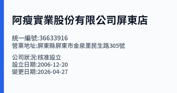 阿瘦實業股份有限公司屏東店的照片-統編 36633916(屏東縣) 公司登記資料與營業項目詳細圖表