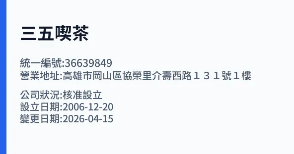 三五喫茶的照片-統編 36639849(高雄市) 公司登記資料與營業項目詳細圖表