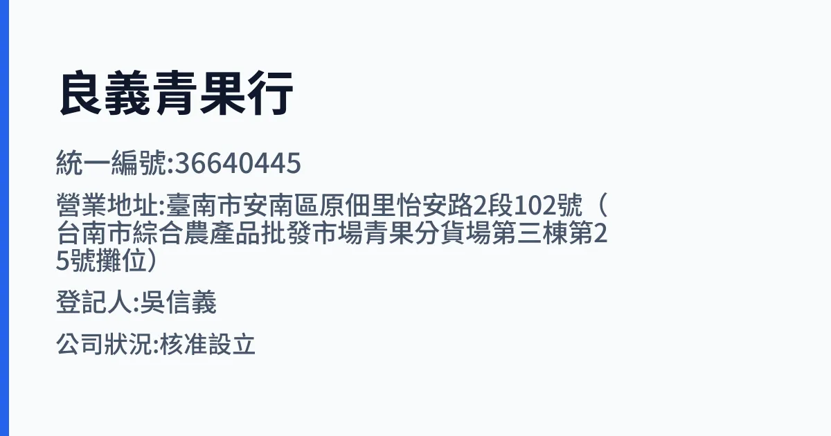 良義青果行 - 統編 36640445(臺南市) 公司登記資料與營業項目詳細圖表