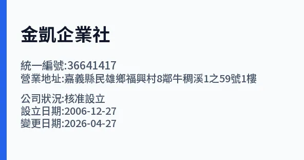金凱企業社的照片-統編 36641417(嘉義縣) 公司登記資料與營業項目詳細圖表
