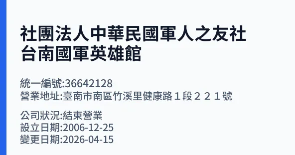 社團法人中華民國軍人之友社台南國軍英雄館的照片-統編 36642128(臺南市) 公司登記資料與營業項目詳細圖表