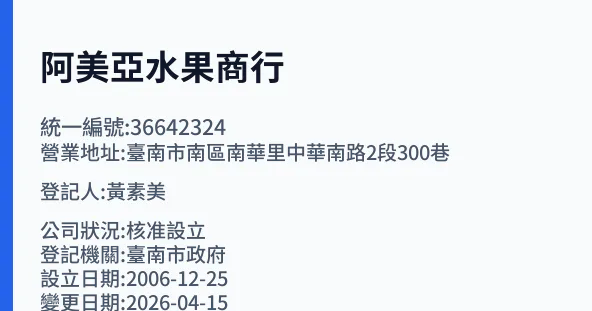 阿美亞水果商行的照片-統編 36642324(臺南市) 公司登記資料與營業項目詳細圖表