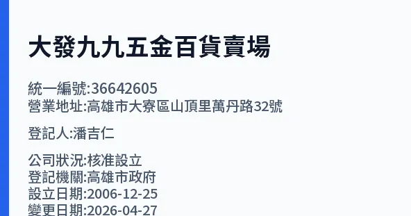 大發九九五金百貨賣場的照片-統編 36642605(高雄市) 公司登記資料與營業項目詳細圖表