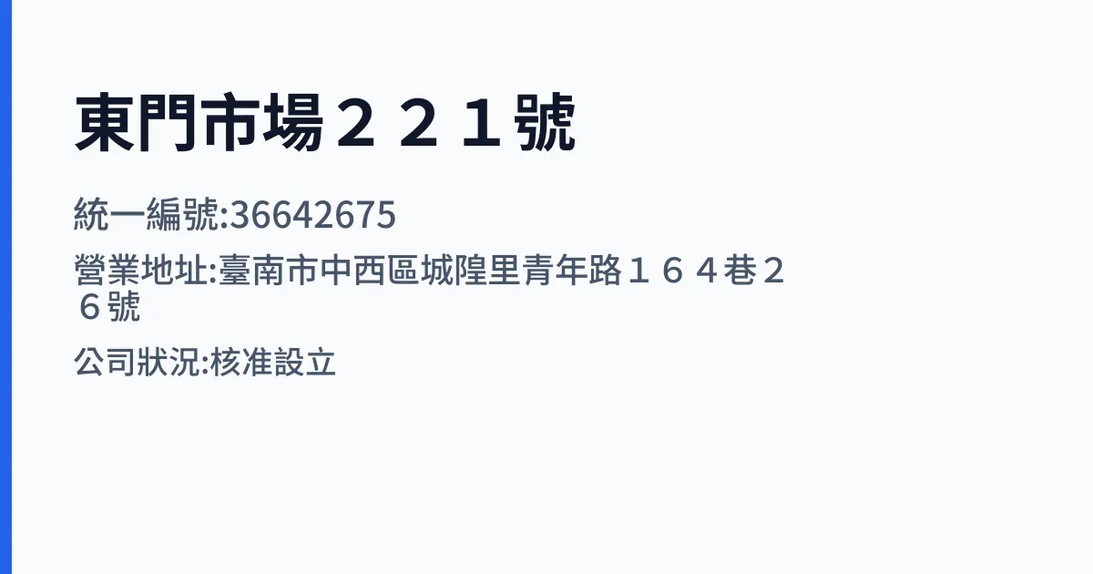 東門市場221號 - 統編 36642675(臺南市) 公司登記資料與營業項目詳細圖表