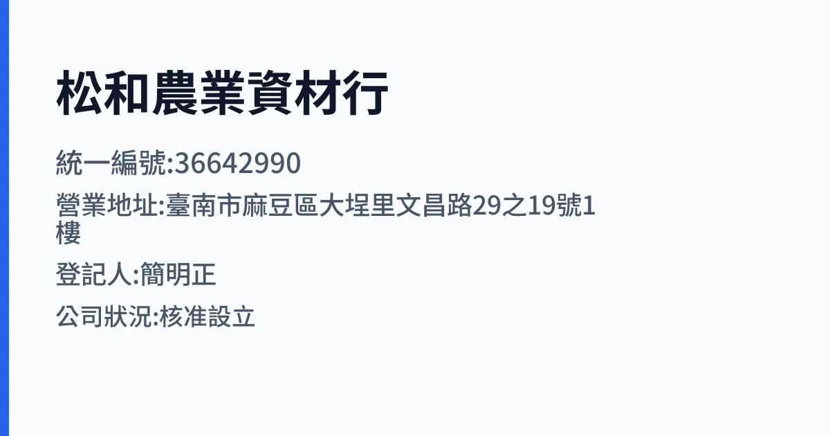 松和農業資材行 - 統編 36642990(臺南市) 公司登記資料與營業項目詳細圖表