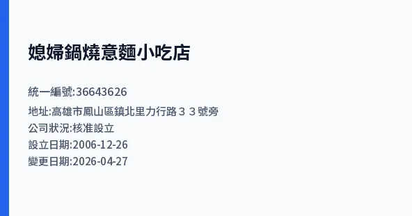 媳婦鍋燒意麵小吃店的照片-統編 36643626(高雄市) 公司登記資料與營業項目詳細圖表