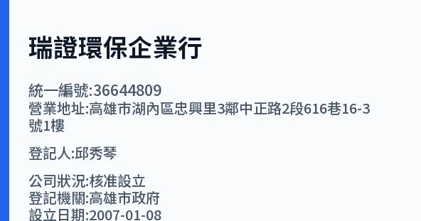 瑞證環保企業行的照片-統編 36644809(高雄市) 公司登記資料與營業項目詳細圖表