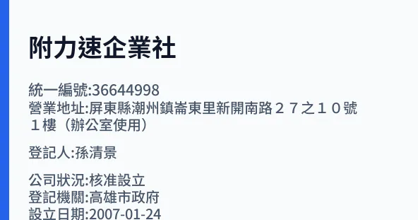 附力速企業社的照片-統編 36644998(屏東縣) 公司登記資料與營業項目詳細圖表