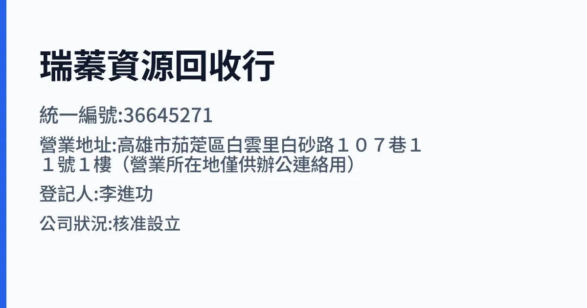 瑞蓁資源回收行 - 統編 36645271(高雄市) 公司登記資料與營業項目詳細圖表