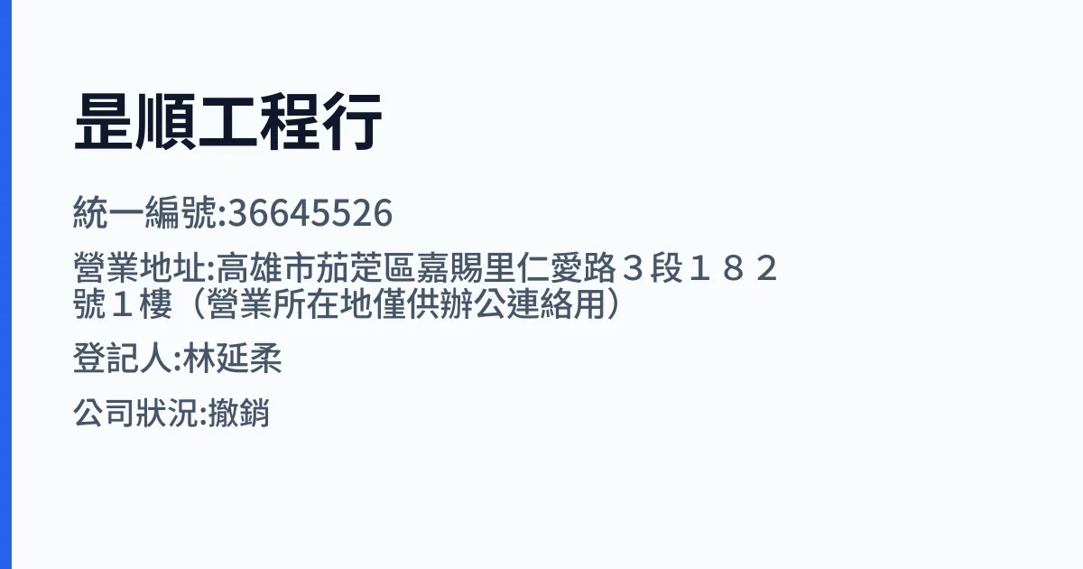 昰順工程行 - 統編 36645526(臺南市) 公司登記資料與營業項目詳細圖表