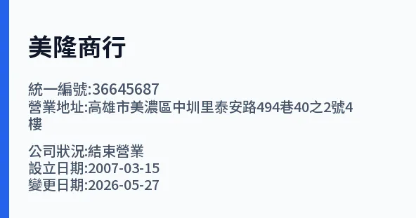 美隆商行的照片-統編 36645687(高雄市) 公司登記資料與營業項目詳細圖表