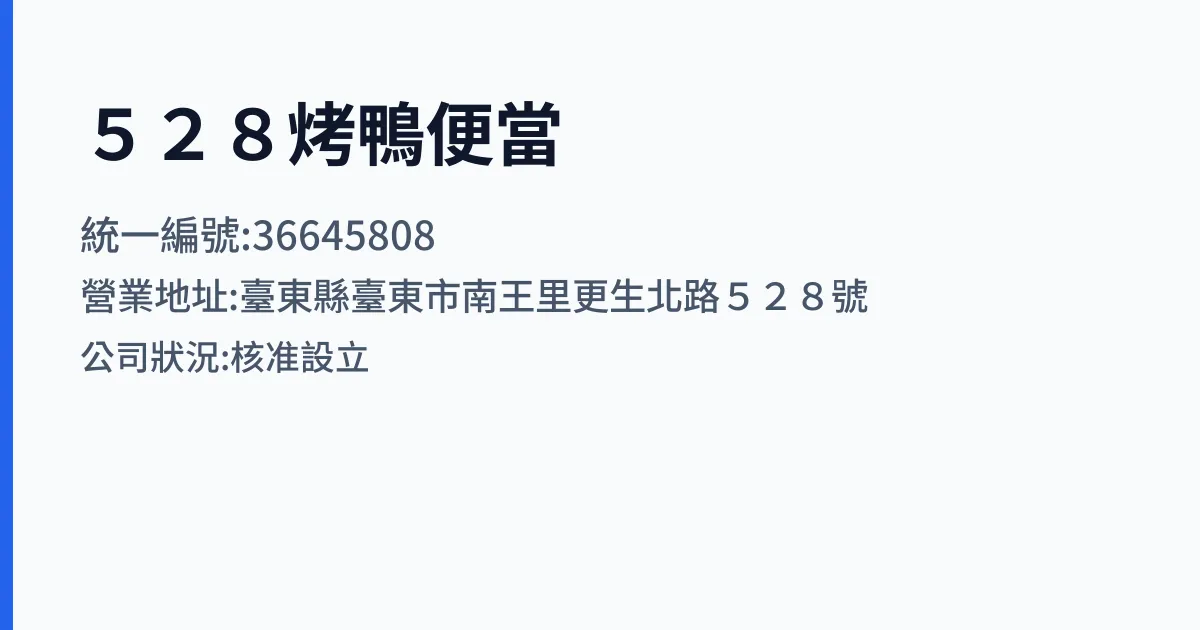 ５２８烤鴨便當 - 統編 36645808 (臺東縣) 公司登記資料與營業項目詳細圖表