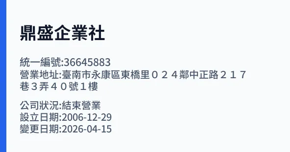 鼎盛企業社的照片-統編 36645883(臺南市) 公司登記資料與營業項目詳細圖表