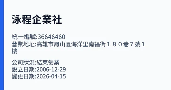 泳程企業社的照片-統編 36646460(高雄市) 公司登記資料與營業項目詳細圖表