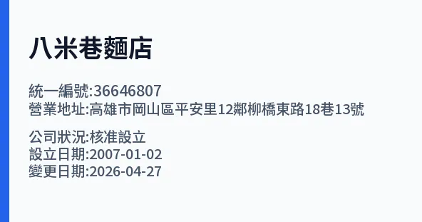 八米巷麵店的照片-統編 36646807(高雄市) 公司登記資料與營業項目詳細圖表