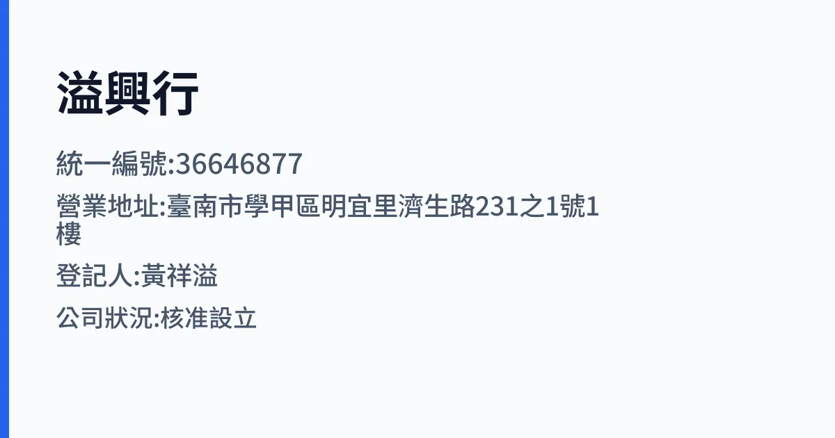 溢興行 - 統編 36646877(臺南市) 公司登記資料與營業項目詳細圖表