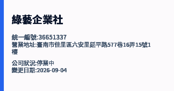 綠藝企業社的照片-統編 36651337(臺南市) 公司登記資料與營業項目詳細圖表