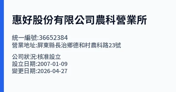 惠好股份有限公司農科營業所的照片-統編 36652384(屏東縣) 公司登記資料與營業項目詳細圖表