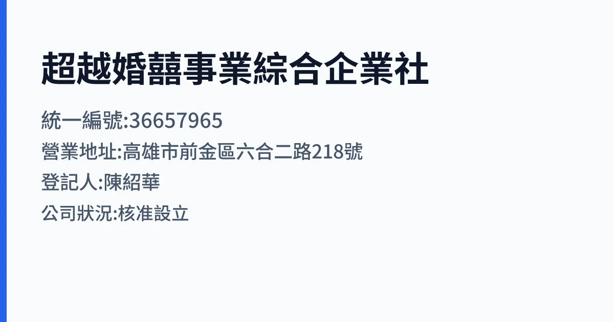超越婚囍事業綜合企業社 - 統編 36657965(高雄市) 公司登記資料與營業項目詳細圖表