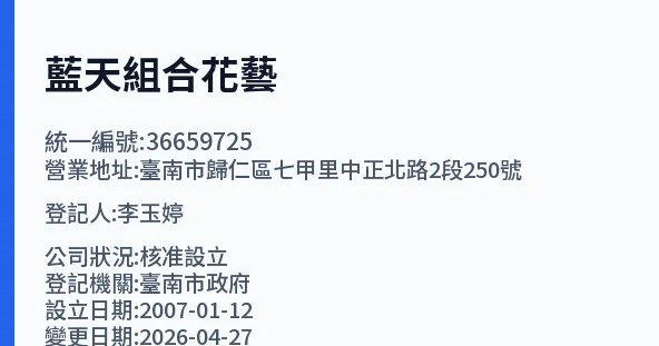 藍天組合花藝的照片-統編 36659725(臺南市) 公司登記資料與營業項目詳細圖表