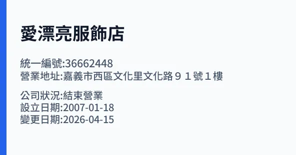 愛漂亮服飾店的照片-統編 36662448(嘉義市) 公司登記資料與營業項目詳細圖表