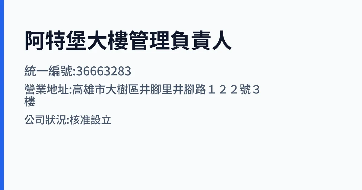 阿特堡大樓管理負責人 - 統編 36663283(高雄市) 公司登記資料與營業項目詳細圖表