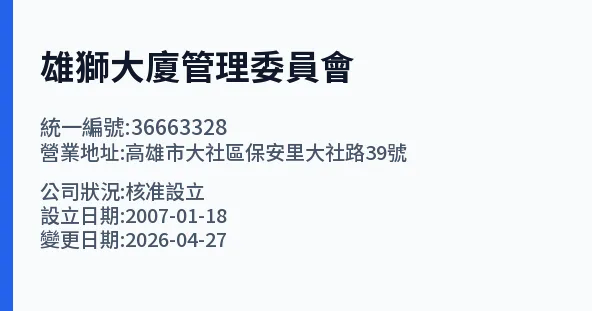 雄獅大廈管理委員會的照片-統編 36663328(高雄市) 公司登記資料與營業項目詳細圖表