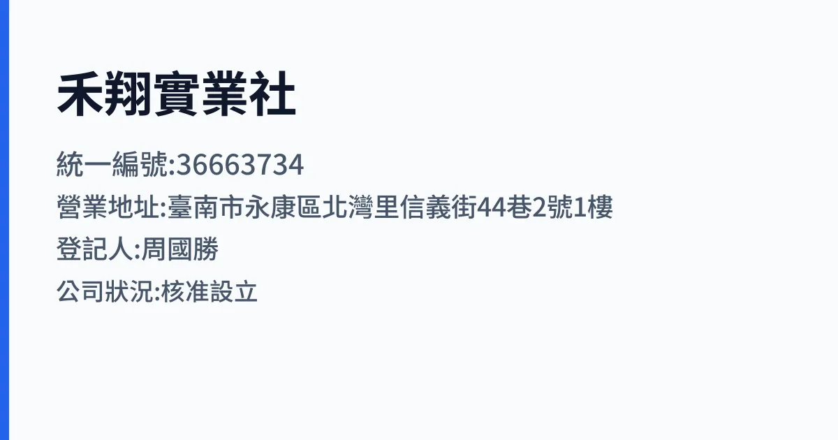 禾翔實業社 - 統編 36663734(臺南市) 公司登記資料與營業項目詳細圖表