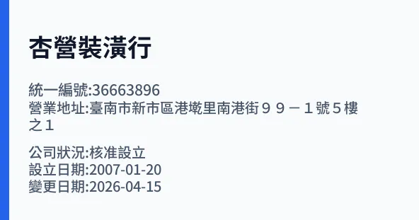 杏營裝潢行的照片-統編 36663896(臺南市) 公司登記資料與營業項目詳細圖表