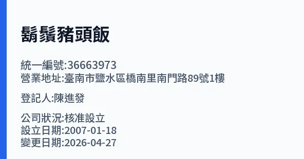 鬍鬚豬頭飯的照片-統編 36663973(臺南市) 公司登記資料與營業項目詳細圖表