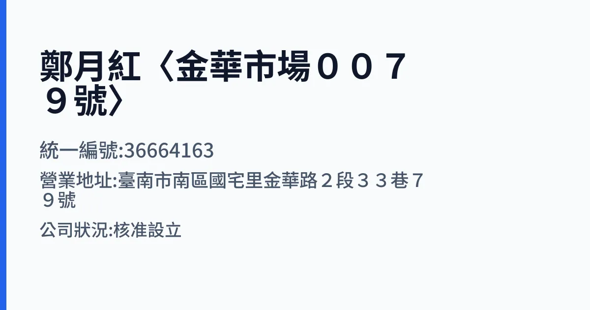 鄭月紅〈金華市場００７９號〉 - 統編 36664163(臺南市) 公司登記資料與營業項目詳細圖表