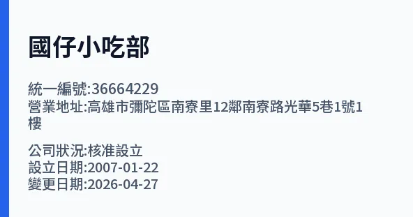 國仔小吃部的照片-統編 36664229(高雄市) 公司登記資料與營業項目詳細圖表