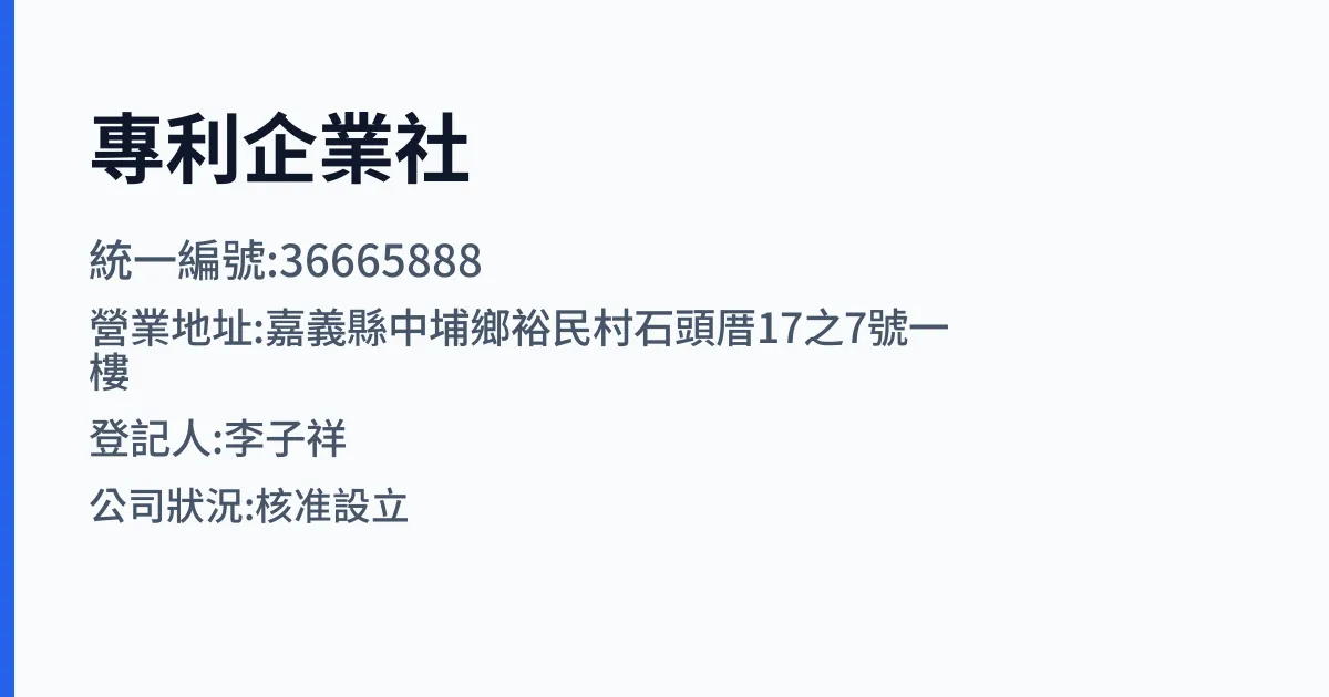 專利企業社 - 統編 36665888(嘉義縣) 公司登記資料與營業項目詳細圖表