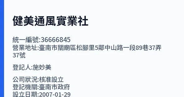健美通風實業社的照片-統編 36666845(臺南市) 公司登記資料與營業項目詳細圖表