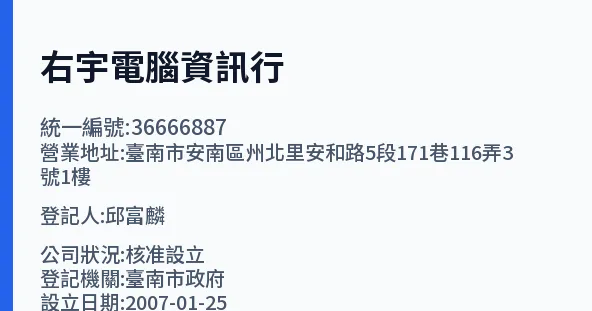 右宇電腦資訊行的照片-統編 36666887(臺南市) 公司登記資料與營業項目詳細圖表