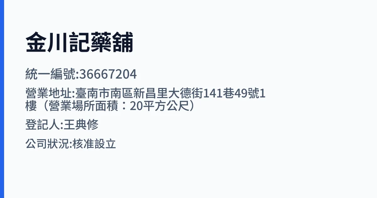 金川記藥舖 - 統編 36667204(臺南市) 公司登記資料與營業項目詳細圖表