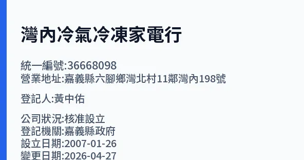 灣內冷氣冷凍家電行的照片-統編 36668098(嘉義縣) 公司登記資料與營業項目詳細圖表