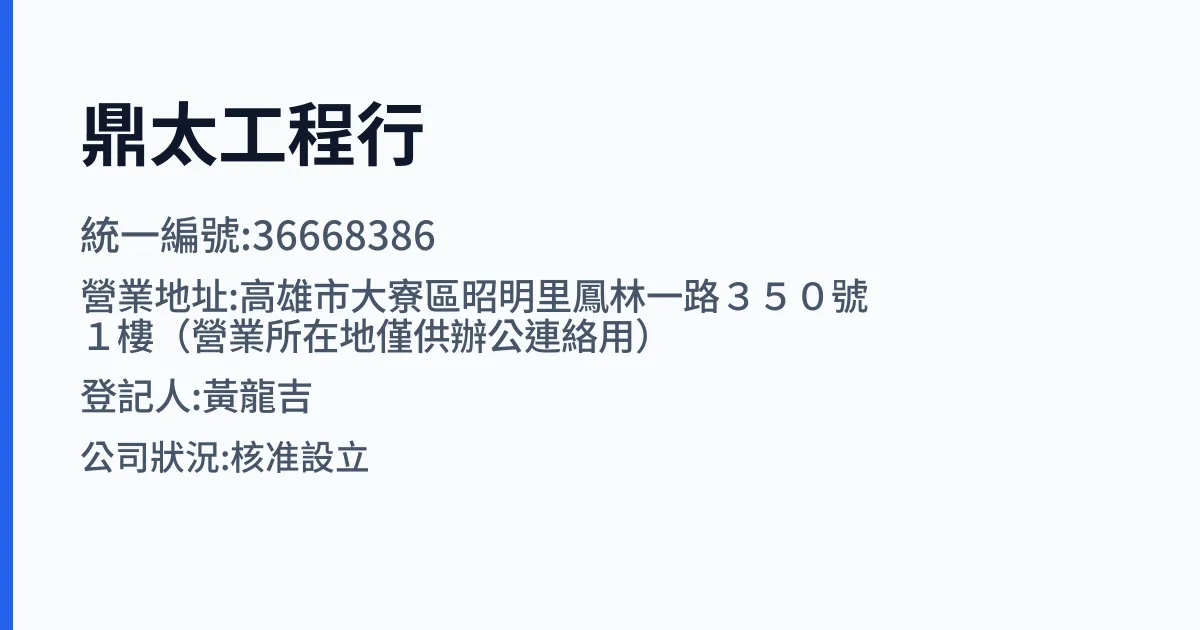 鼎太工程行 - 統編 36668386(高雄市) 公司登記資料與營業項目詳細圖表