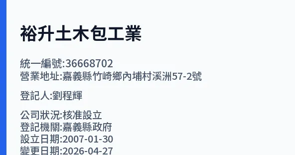 裕升土木包工業的照片-統編 36668702(嘉義縣) 公司登記資料與營業項目詳細圖表