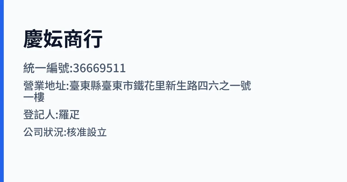 慶妘商行 - 統編 36669511(臺東縣) 公司登記資料與營業項目詳細圖表