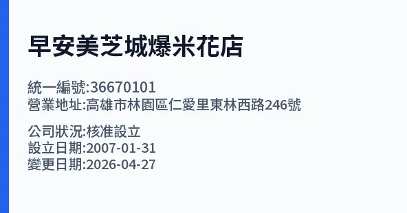 早安美芝城爆米花店的照片-統編 36670101(高雄市) 公司登記資料與營業項目詳細圖表