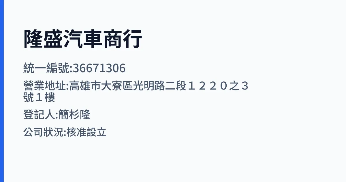 隆盛汽車商行 - 統編 36671306(高雄市) 公司登記資料與營業項目詳細圖表
