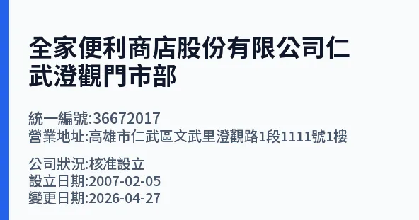 全家便利商店股份有限公司仁武澄觀門市部的照片-統編 36672017(高雄市) 公司登記資料與營業項目詳細圖表