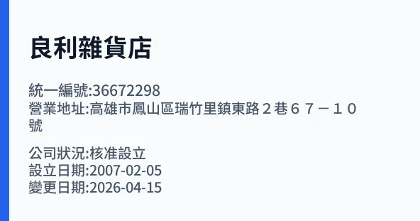 良利雜貨店的照片-統編 36672298(高雄市) 公司登記資料與營業項目詳細圖表