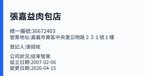 張嘉益肉包店的照片-統編 36672403(嘉義市) 公司登記資料與營業項目詳細圖表