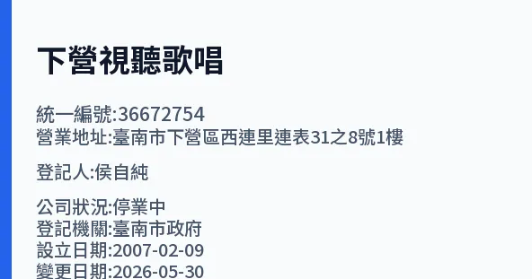 下營視聽歌唱的照片-統編 36672754(臺南市) 公司登記資料與營業項目詳細圖表