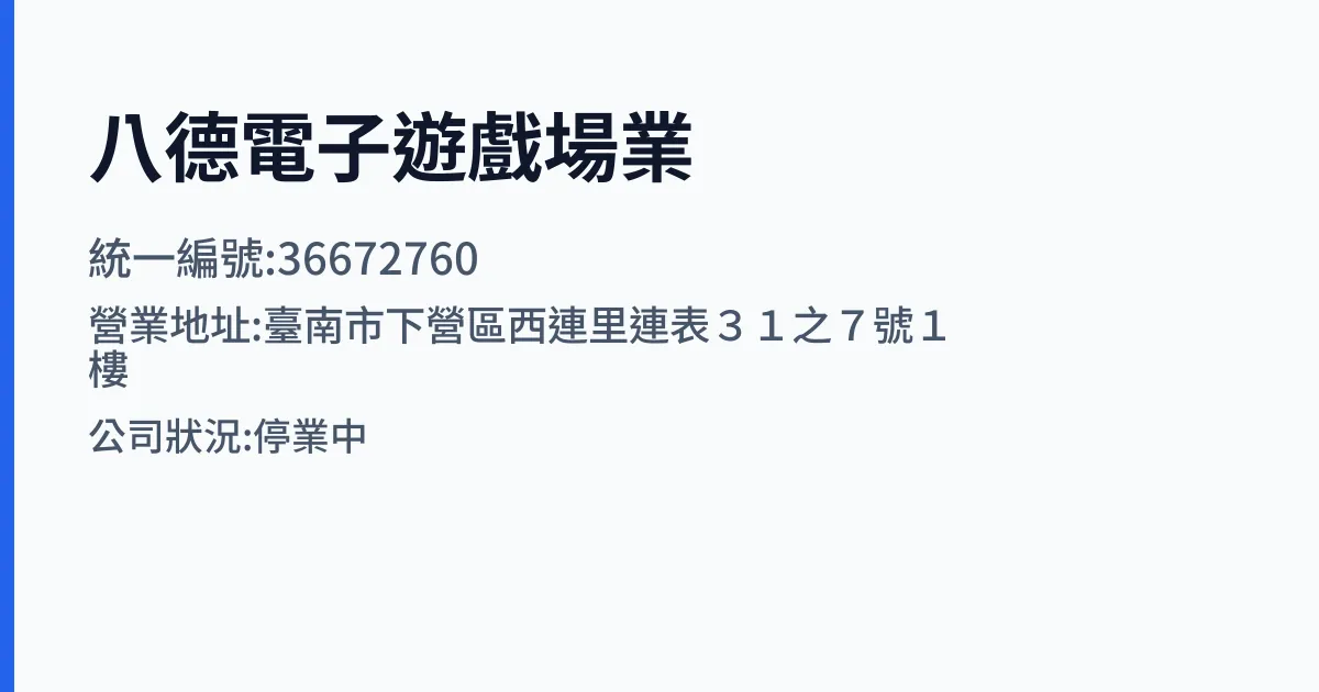 八德電子遊戲場業 - 統編 36672760(臺南市) 公司登記資料與營業項目詳細圖表